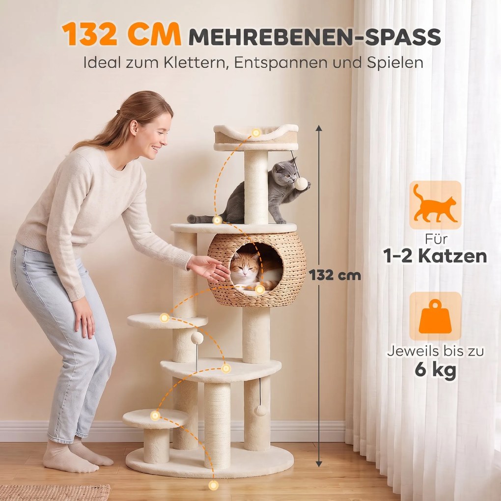 PawHut Velké škrabadlo 132 cm vysoké Kočičí strom s rákosovou jeskyní, škrabadly, postelí, 3 hračkovými míčky, ochrana proti převrhnutí, 1-2 kočky do…
