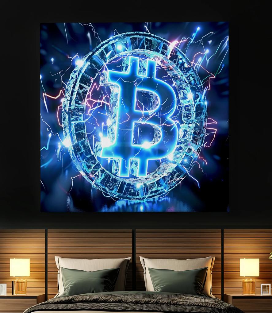 Obraz na plátně - Bitcoin, modré zářící logo FeelHappy.cz Velikost obrazu: 100 x 100 cm