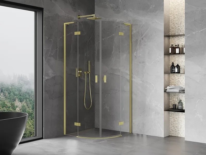 Mexen Mist L, čtvrtkruhový sprchový kout s 2-křídlými dveřmi, 100 x 100 cm, čiré sklo, zlatý matný profil, 8A33L-100-100-55-00
