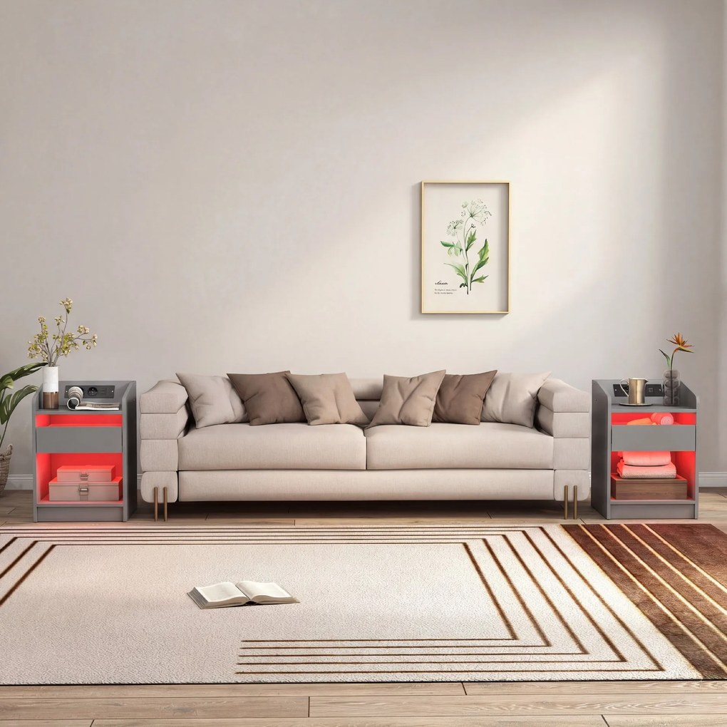 HOMCOM Noční stolek s nabíjecí stanicí LED-RGB světlo, zásuvka, otevřená přihrádka, USB porty a dálkové ovládání 40x40x58 cm Šedá