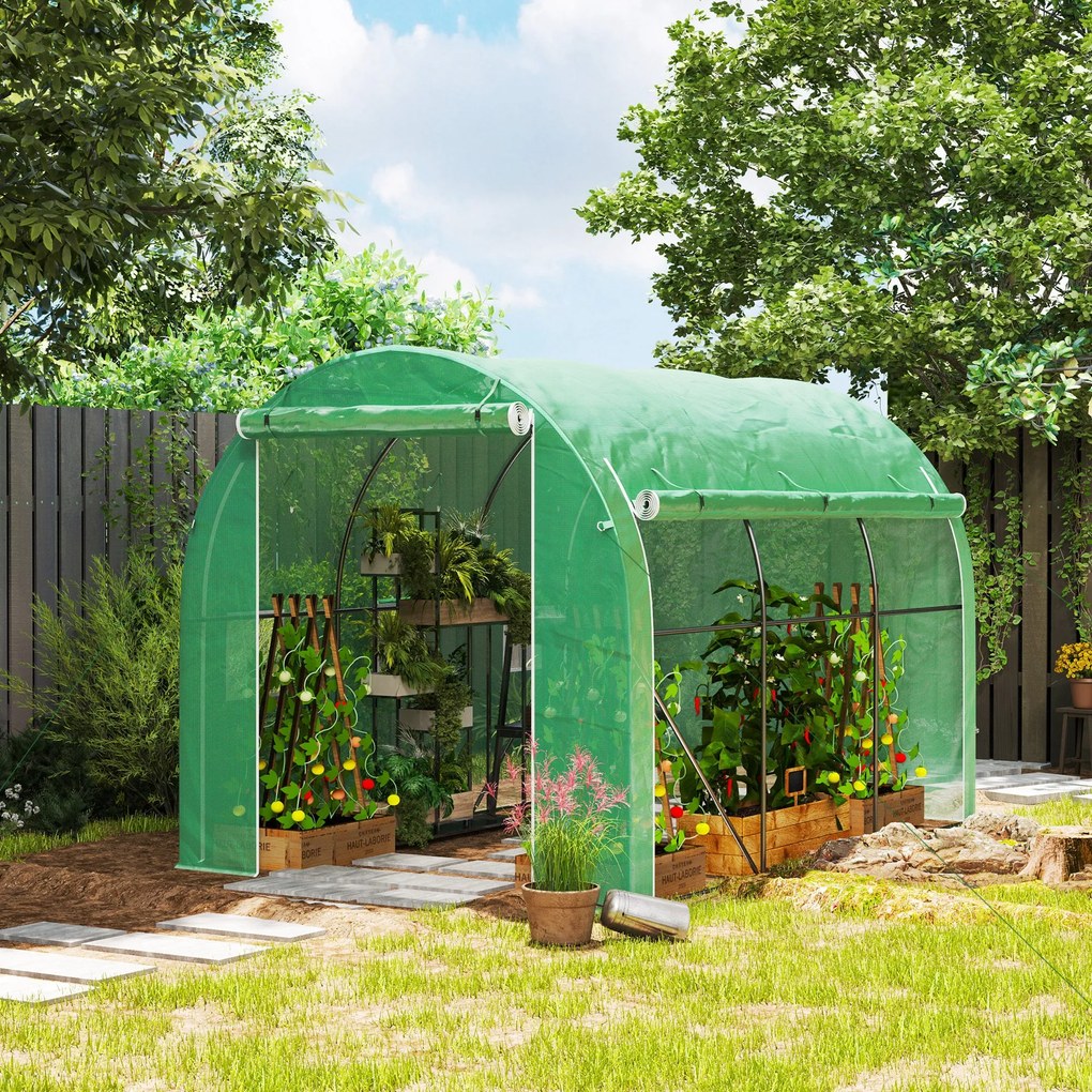 Zahradní skleník Outsunny 6m² 3 x 2m s 1 dveřmi + 2 rolovacími zipovými postranními panely, 6 okny, pozinkovaná ocel, vysoká hustota 140 g/m² Anti-UV…