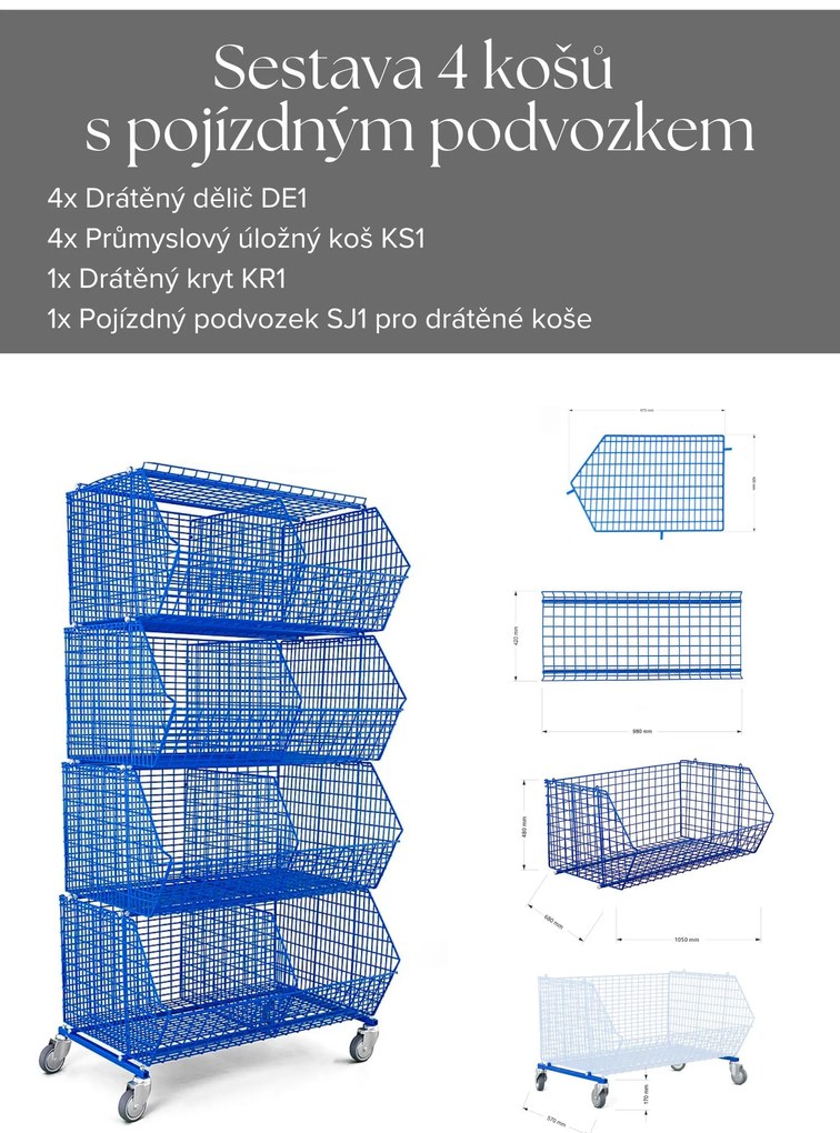 FEROPLAST spol. s.r.o Průmyslový úložný koš KS1, kompletní set 4 košů na kolečkách