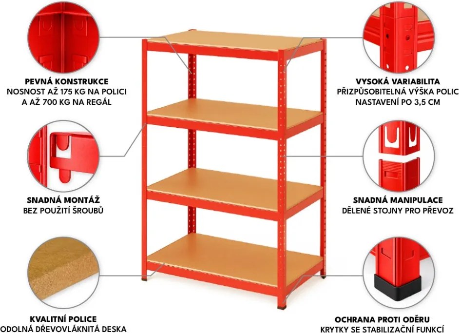 Regál 150x70x30 cm lakovaný 4-policový, nosnost 700 kg - červený - 2ks