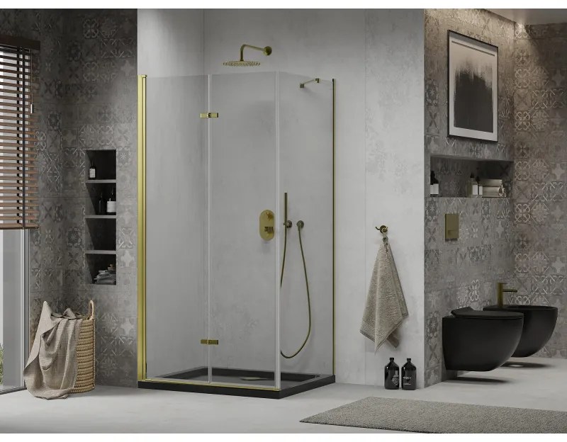 Mexen Lima, sprchový kout se skládacími dveřmi 100 (dveře) x 80 (stěna) cm, 6mm čiré sklo, chromový profil + slim sprchová vanička černá + zlatý sifon, 856-100-080-50-00-4070G