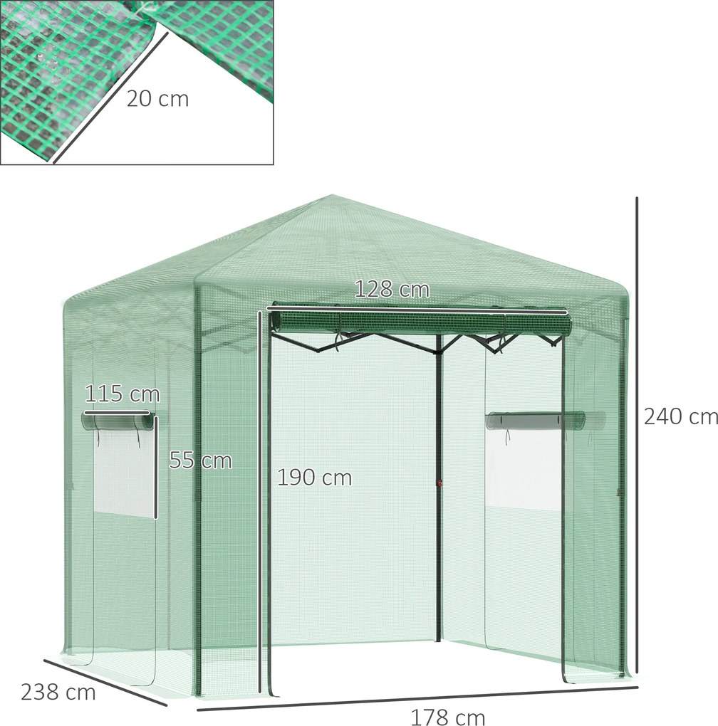 Gewächshaus Treibhaus Tomatenhaus Frühbeet mit Tür und Fenster zum Aufrollen PE Stahl Dunkelgrün 238 x 178 x 240 cm