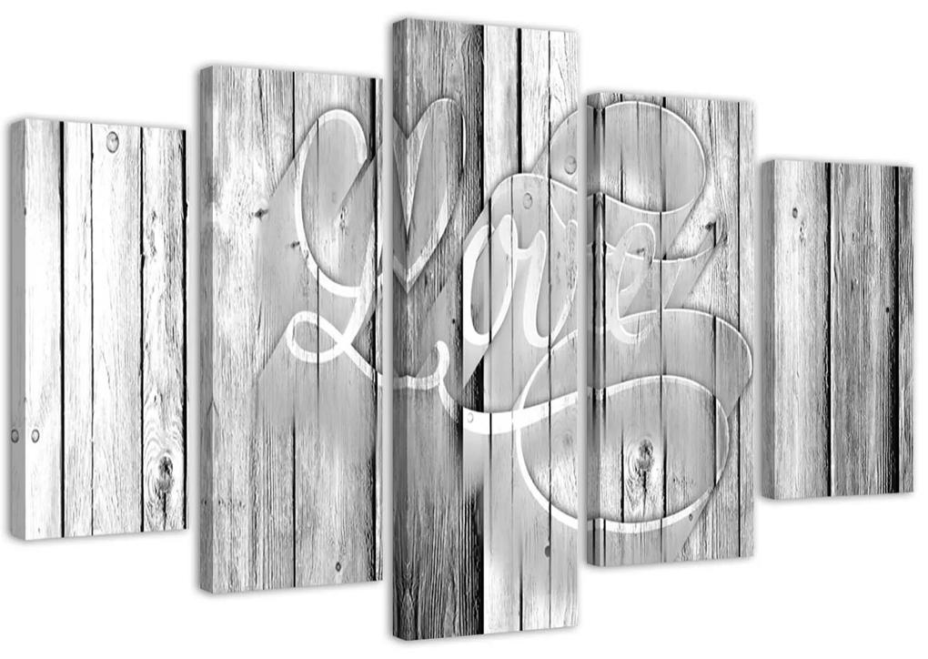 Gario Obraz na plátně Nápis Love na šedých vodorovných deskách - 5 dílný Rozměry: 100 x 70 cm