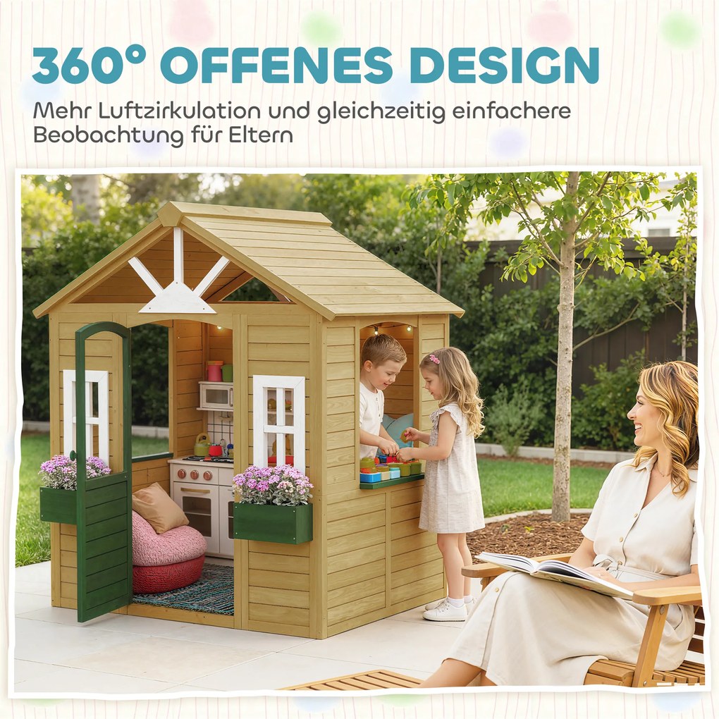 Dětský domek na hraní Dřevěný venkovní domek na hraní s dveřmi 3 okny 2 truhlíky na květiny pro děti od 3 do 8 let 134,5 x 97 x 150 cm Hnědá barva