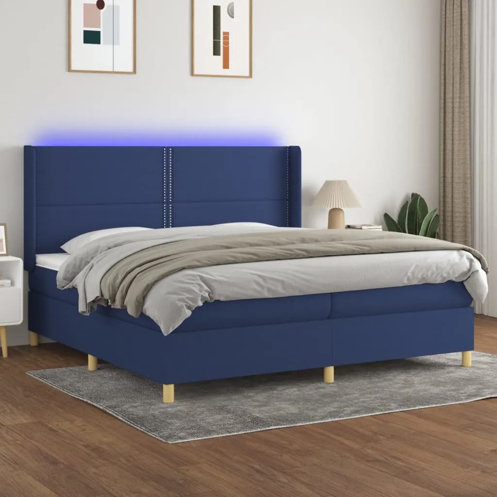 Box spring postel s matrací a LED modrá 200x200 cm textil 3138827