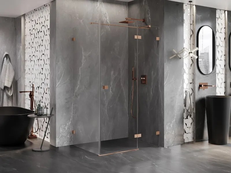 Mexen Lunar T, výklopný pravý sprchový kout 125 x 80 cm, 8mm čiré sklo, profil měděná matná, 834T-125-080-65-00-P