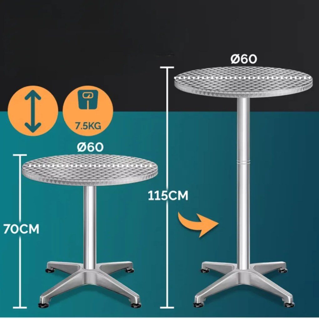 Výškově nastavitelný hliníkový barový stůl NERO, Ø60cm, stříbrná Casaria