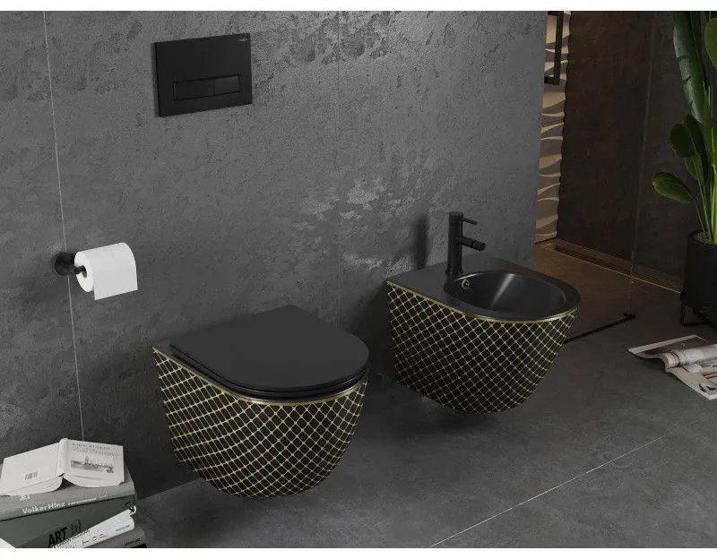 Mexen Lena, závěsný bidet 480x370x325 mm, černá matná - zlatý vzor, 35224879