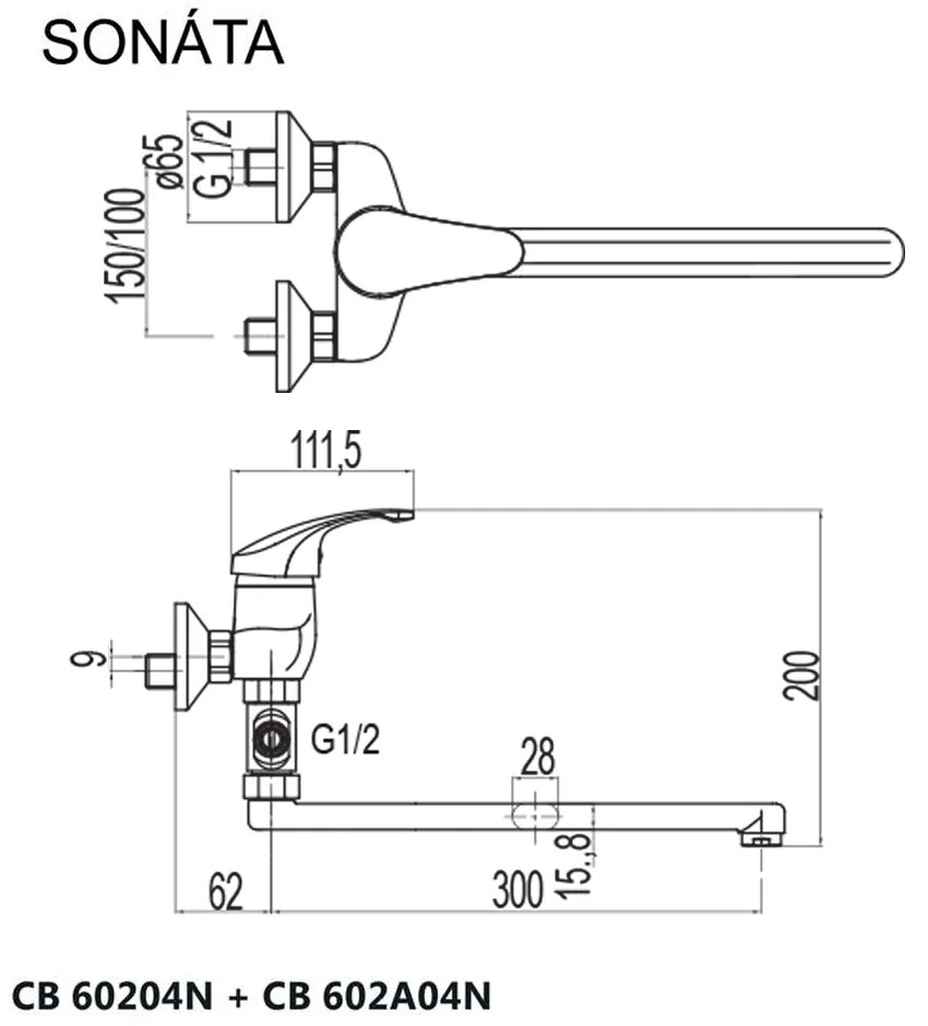 Mereo Sonáta nástěnná baterie do byt. jádra 100 mm s plochým ramínkem 300 mm bez příslušentví mosaz chrom CB602A04N