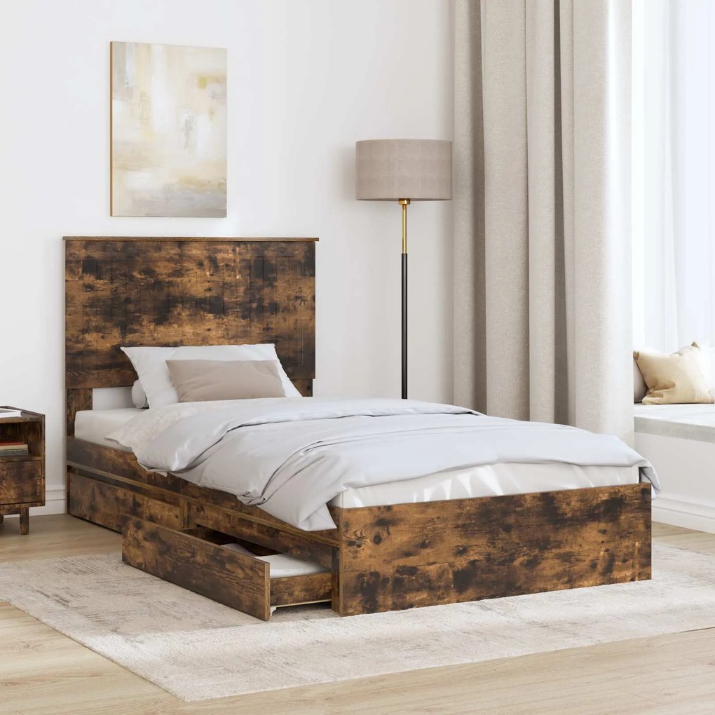 Postel s úložným prostorem se zásuvkou Kouřový dub 100 x 200 cm 3411240