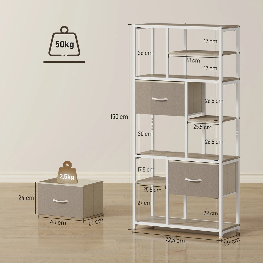 HOMCOM úložný regál 6 pater, knihovna se 2 látkovými zásuvkami, 9 otevřených přihrádek, 72,5 x 30 x 150 cm, bílá