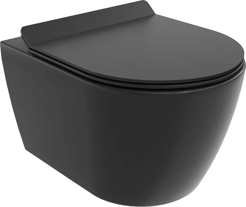 Mexen Carmen, závěsná WC mísa 490x365x340 mm, Rimless Tornádo + WC sedátko z duroplastu, černá matná, 30880185T