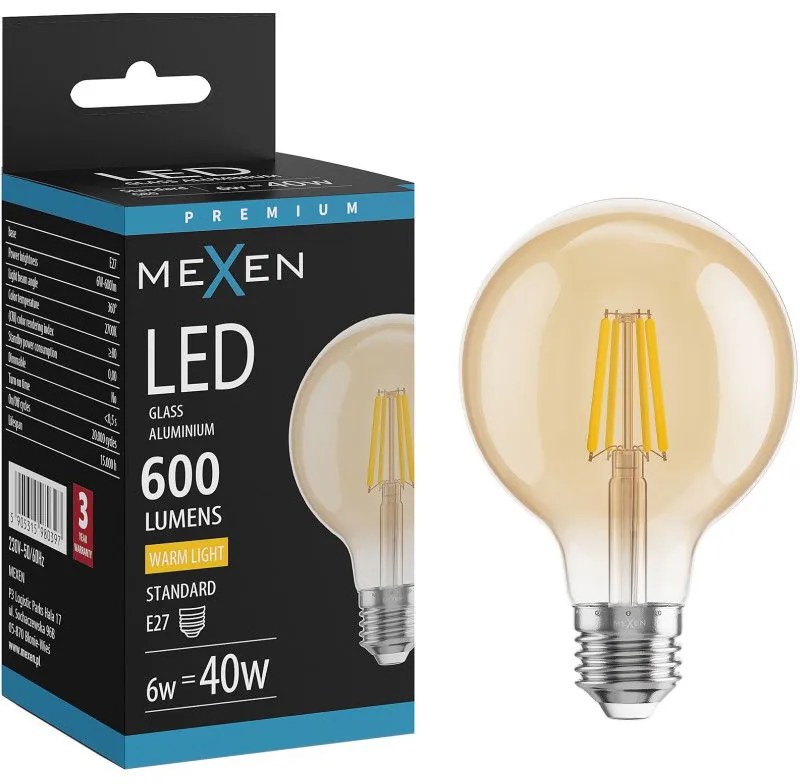 Mexen Vintis LED žárovka filament E27, G80, 6W, Teplá - 2700K, 400 lm, jantarová - L155-E27-0627-50