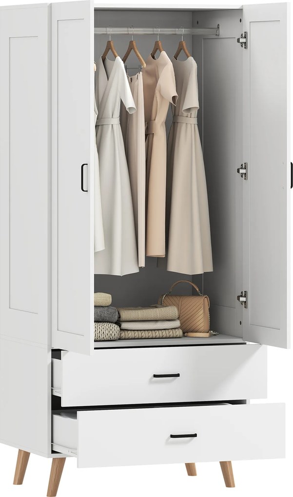HOMCOM šatní skříň se 2 dveřmi s tlumeným zavíráním, 2 zásuvkami a šatní tyčí, 80x54x180 cm, bílá