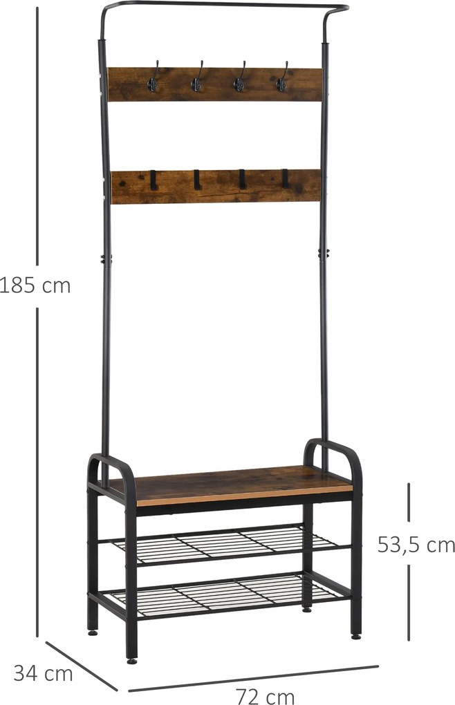 HOMCOM Věšák na kabáty s botníkem Věšák na kabáty 8 háčků 2 police MDF černý 72 x 34 x 185 cm do předsíně a chodby | Aosom.de