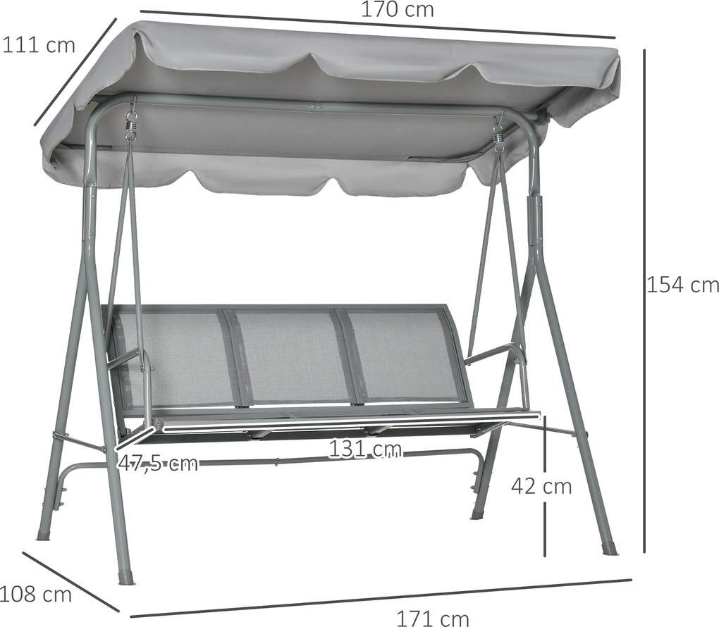 Outsunny Hollywood swing 3místná zahradní houpačka se stříškou, kovová šedostříbrná, 170x110x153 cm, ideální lehátko na zahradu a terasu | Aosom.de