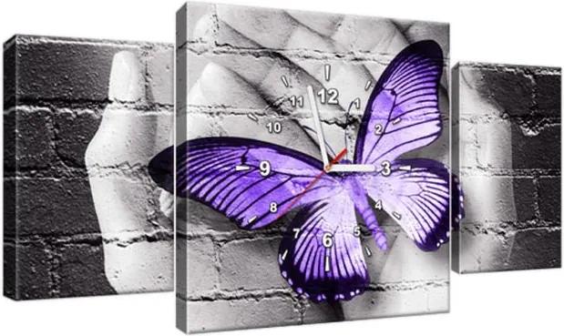 Obraz s hodinami Fialový motýl na dlaních 80x40cm ZP2389A_3AX