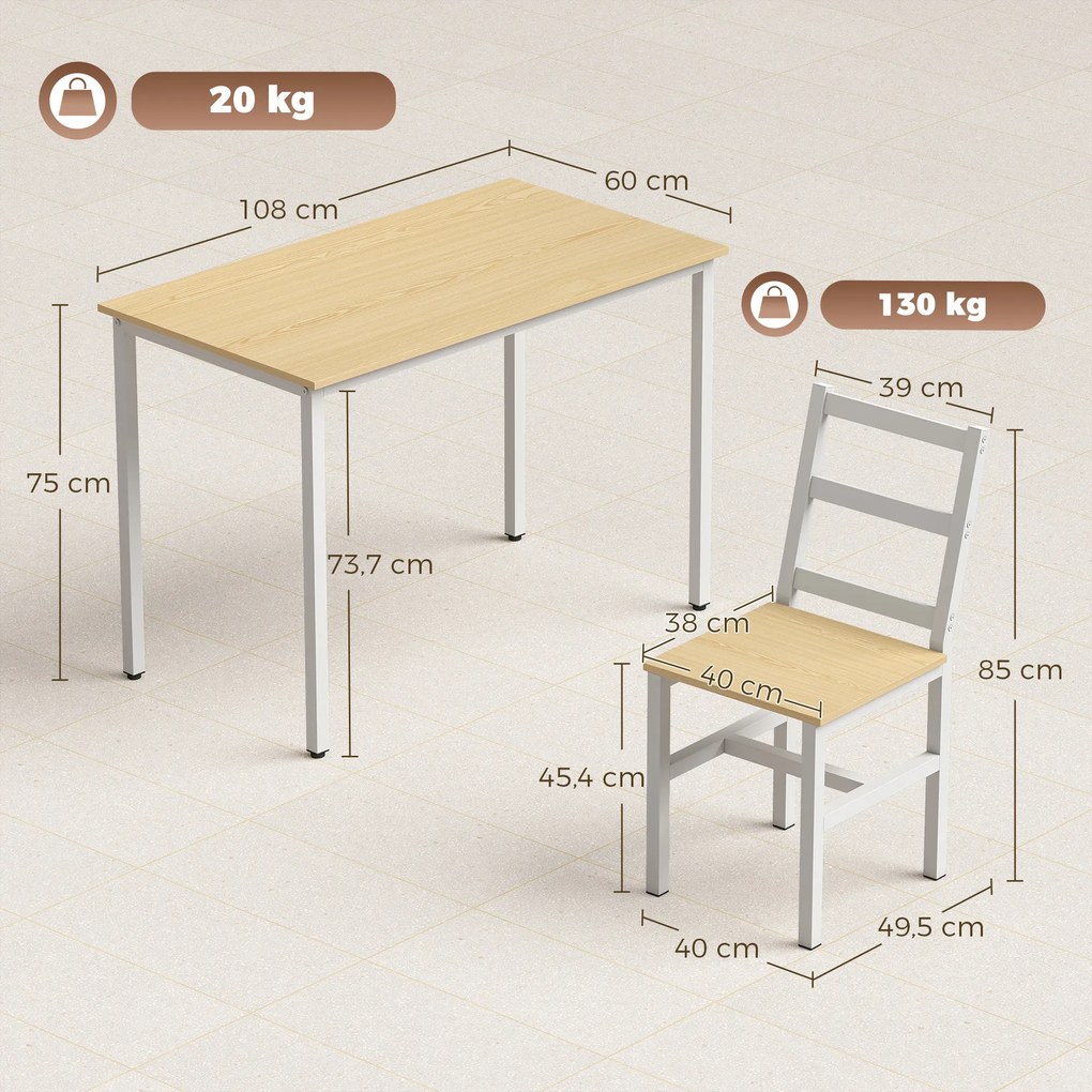 HOMCOM jídelní set se 4 židlemi, obdélníkový stůl 108 cm, židle s latkovým opěradlem, dub a bílá