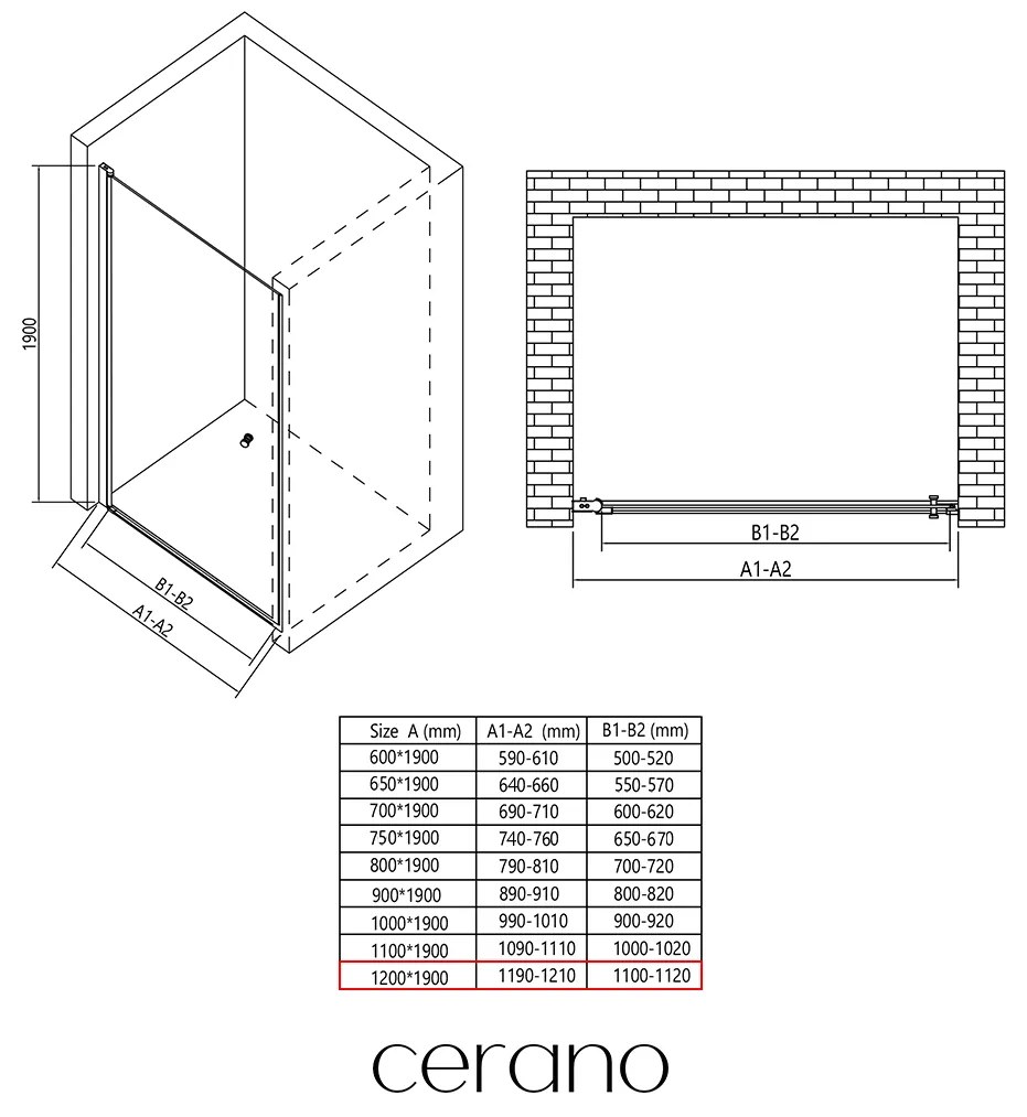 CERANO - Sprchové křídlové dveře Antelo L/P - 6 mm - černá matná, transparentní sklo - 120x190 cm - ROZBALENO