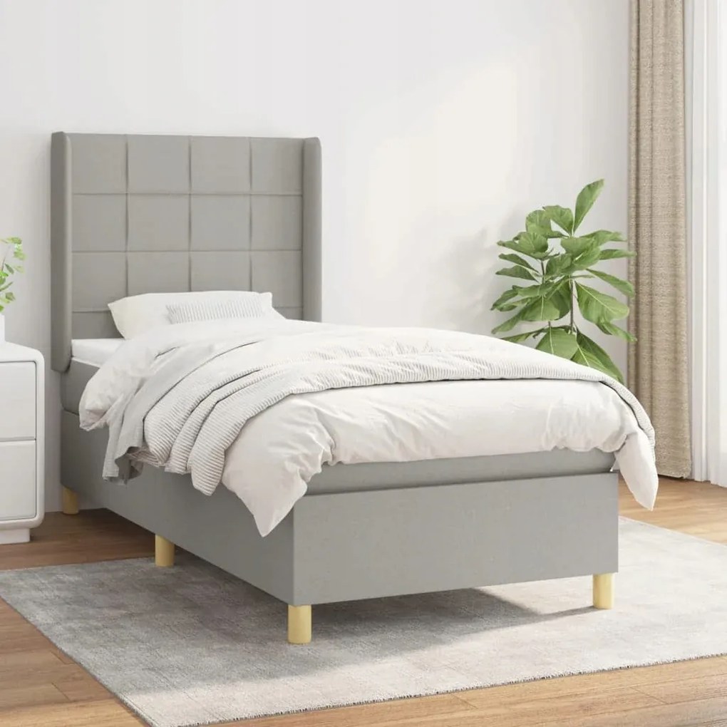 Box Spring Postel S Matrací Textil Světle Šedá Blok se čtverci 90 x 200 c