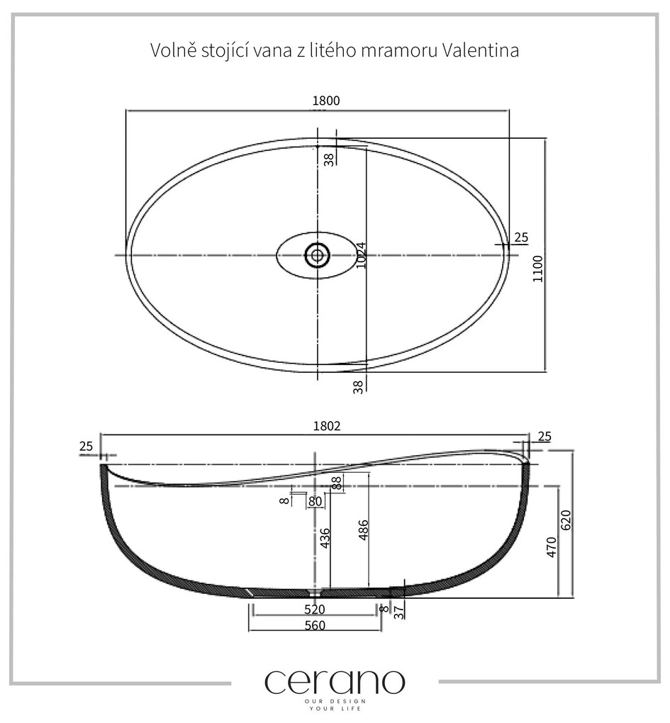 CERANO - Volně stojící vana z litého mramoru Valentina - černá matná - 180x110 cm