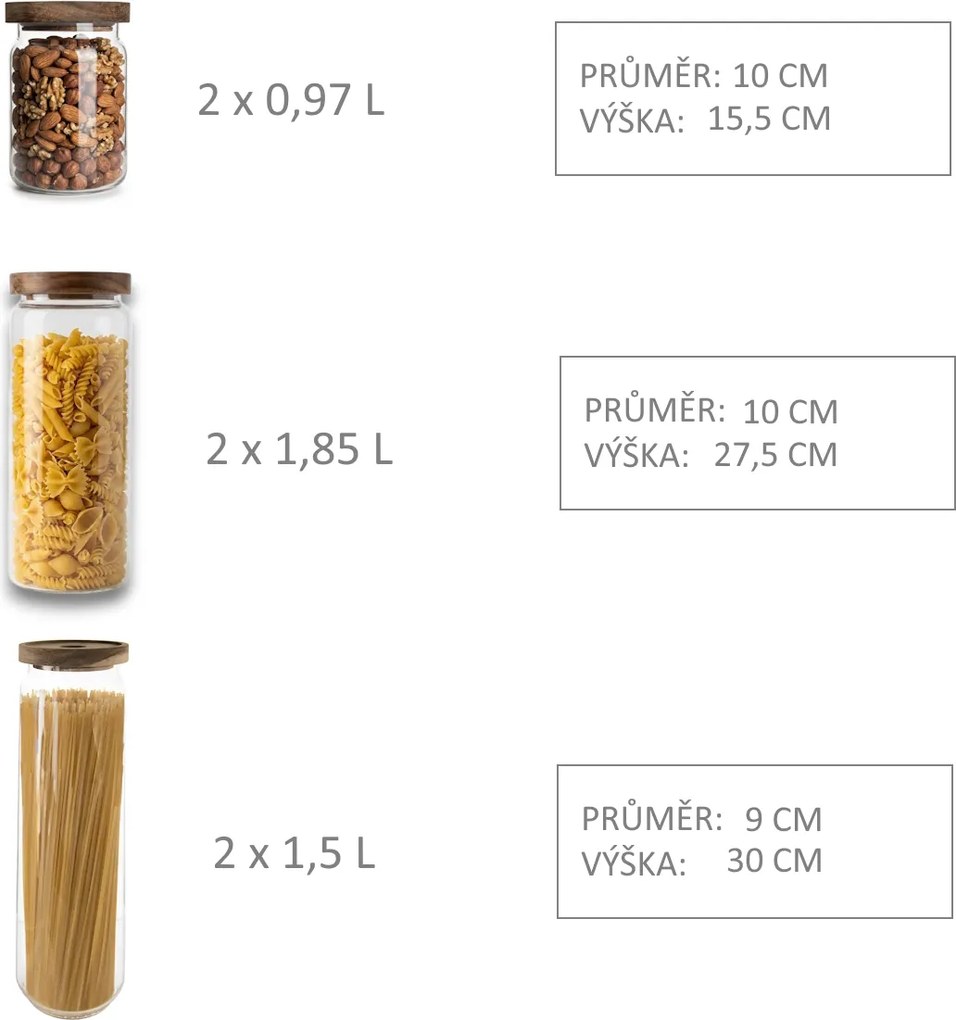 Orion Sada 6ks skleněných dóz s akátovým víkem, BOROSIL 0,97 / 1.5 /1.85 L