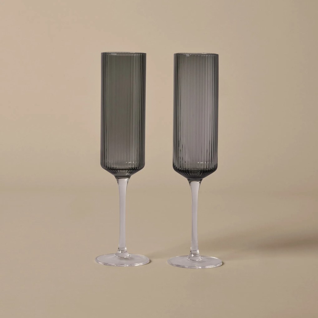 Ferm Living Sklenice Ripple Champagne Smoked Grey – set 2 ks, šedá barva, sklo, 150 ml