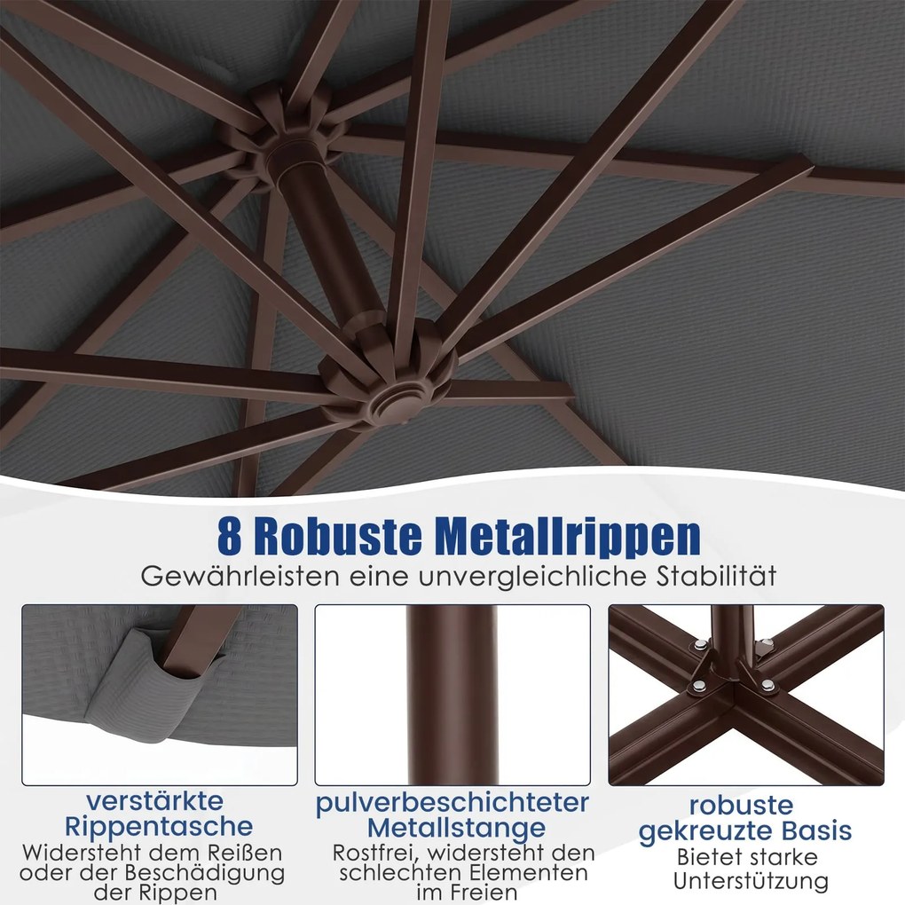 Costway Slunečník 300 cm s 40 solárními LED světly a klikou šedé, šedá