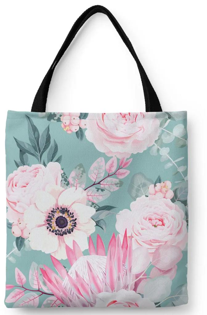 Nákupní taška Květinový sen - růžový a zelený motiv inspirovaný přírodou