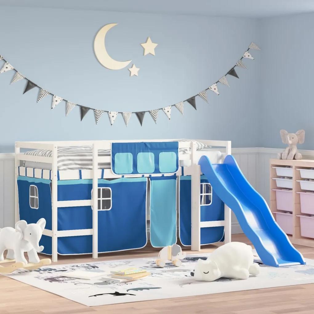 Dětská patrová postel se závěsy modrá 90 x 190 cm borovice,  3207031