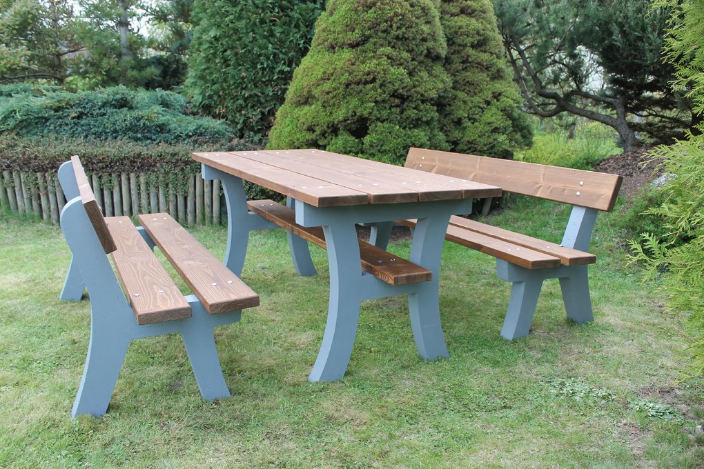 Výhodný set betonového stolu a 2 laviček Pekárek Barva prken: Jedle, Ošetření betonových nohou: S povrchovou úpravou (penetrace, barva, lak), Délka p…