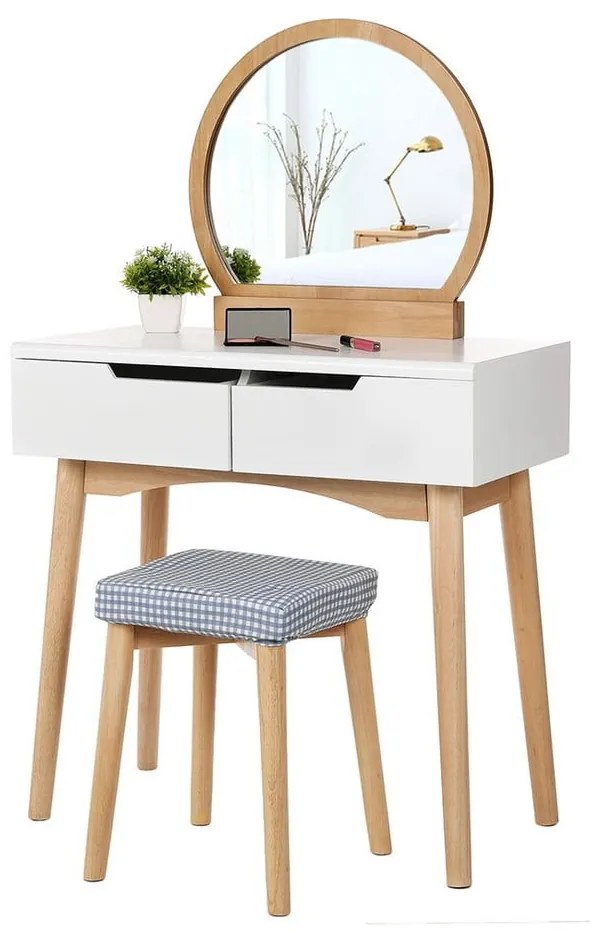Dřevěný toaletní stolek se zrcadlem, stoličkou a dvěma zásuvkami Songmics