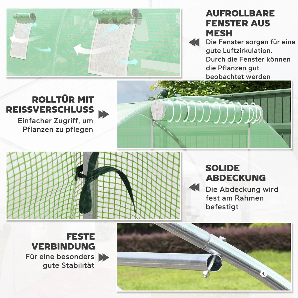 Outsunny Fóliový skleník, průchozí, 8 oken se sítí proti hmyzu, robustní fólie, ocelový rám, 6 x 3 x 2 m, zelený