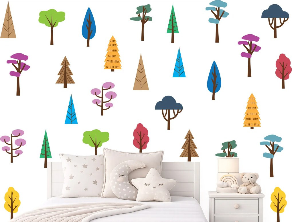 Sada barevných stromečků textilní přelepitelné samolepky na zeď arch 130 x 135 cm