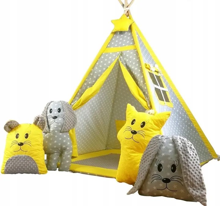 Dětský stan TEEPEE (TÝPÍ) EXCLUSIVE s doplňky - ŽLUTOŠEDÝ