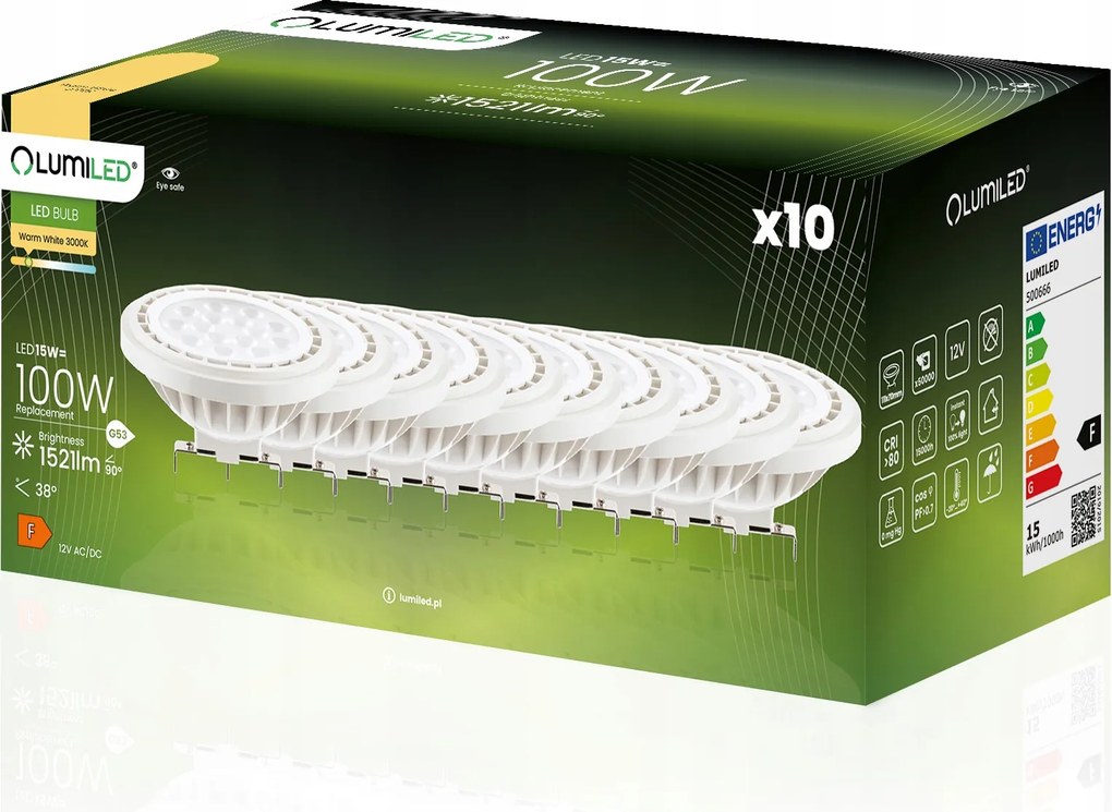 10x Led žárovka G53 AR111 15W 100W 1521lm 3000K 38° 12V Lumiled