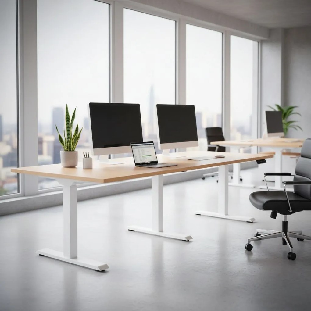Výškově nastavitelný stůl OfficeTech Long, 240 x 80 cm, bílá podnož, buk