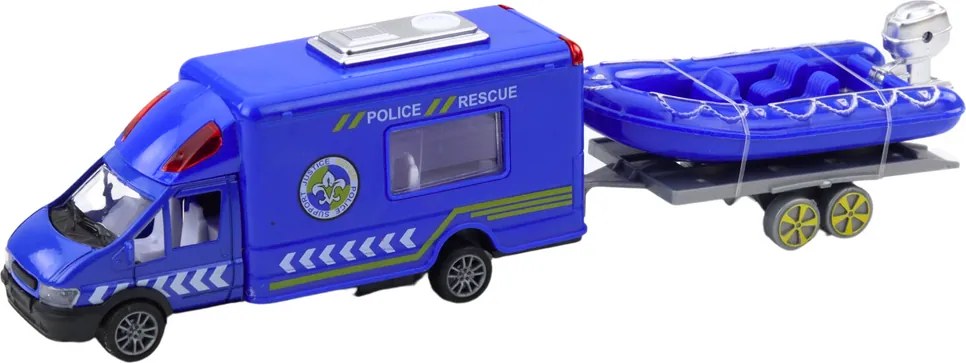 LEAN Toys Souprava: Policejní auto, záchranné vozidlo, loď, nákladní auto, vrtulník – modrá