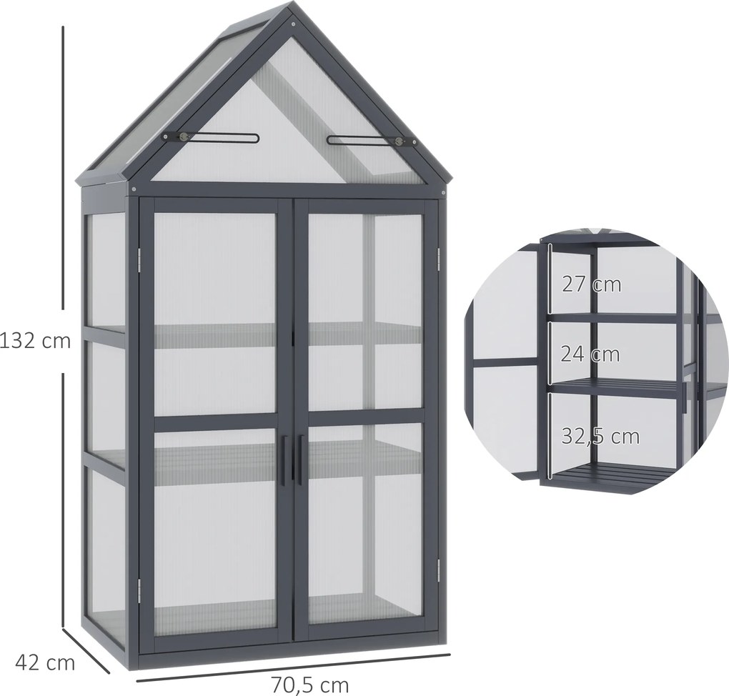Outsunny Cold Frame Mini Greenhouse 3 Level Greenhouse Plant Bed with Hinged Roof Wooden Double Doors Natural 70,5 x 42 x 132 cm | Aosom