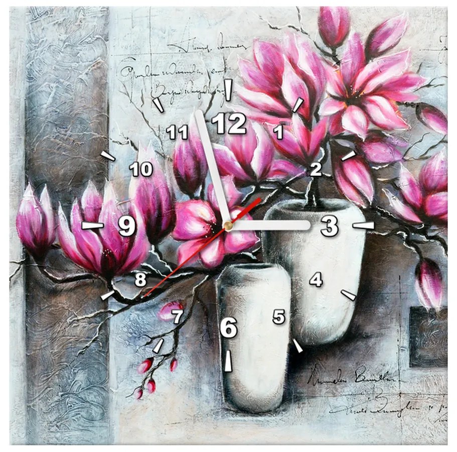 Gario Obraz s hodinami Růžové magnolie ve váze Rozměry: 100 x 40 cm