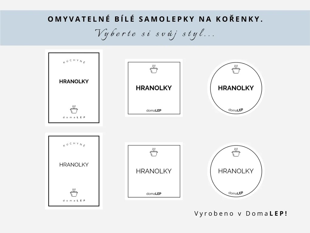 HRANOLKY - omyvatelná samolepka na kořenky, výběr rozměrů Ø 5 cm / 5 x 5 cm / 6 x 8 cm | DomaLEP tvar: KOLEČKO, barva: BÍLÁ - ČERNÉ písmo, velikost: Ø 5 cm - tučné písmo