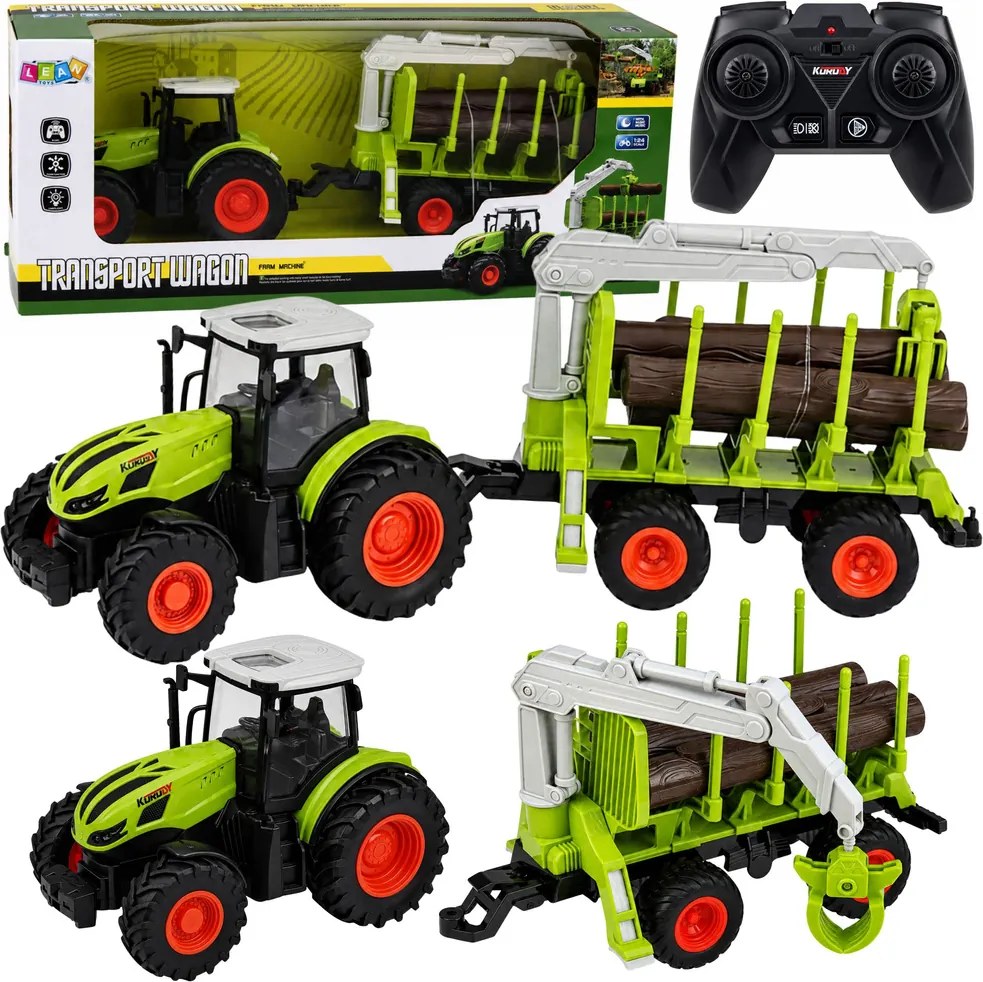 LEAN Toys Dálkově ovládaný traktor RC s lesním přívěsem a drapákem na dřevo v měřítku 1:24