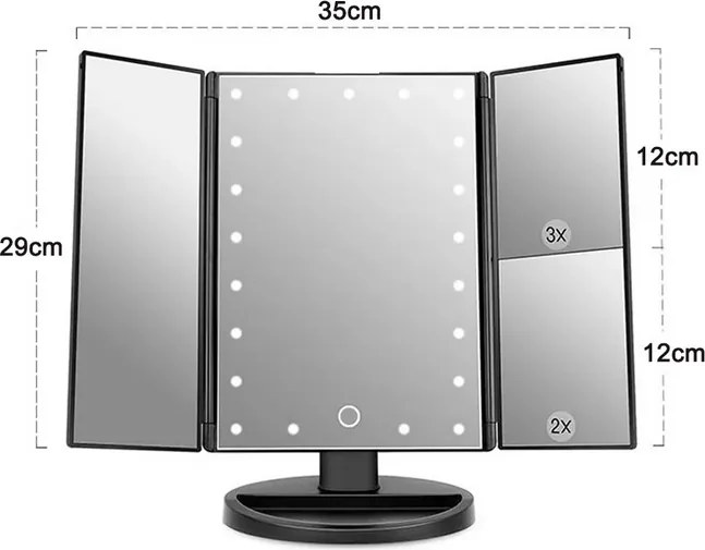 Zrcátko třípanelové s LED Dot osvětlením - černé