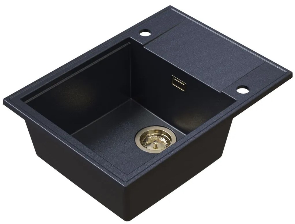 Sink Quality Sink55, kuchyňský granitový dřez 620x460x215 mm + zlatý sifon, černá skvrnitá, SKQ-SINK.B.1KKO.XG