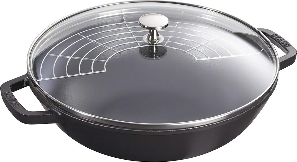 Litinový wok se skleněnou poklicí Staub, 30 cm, černá