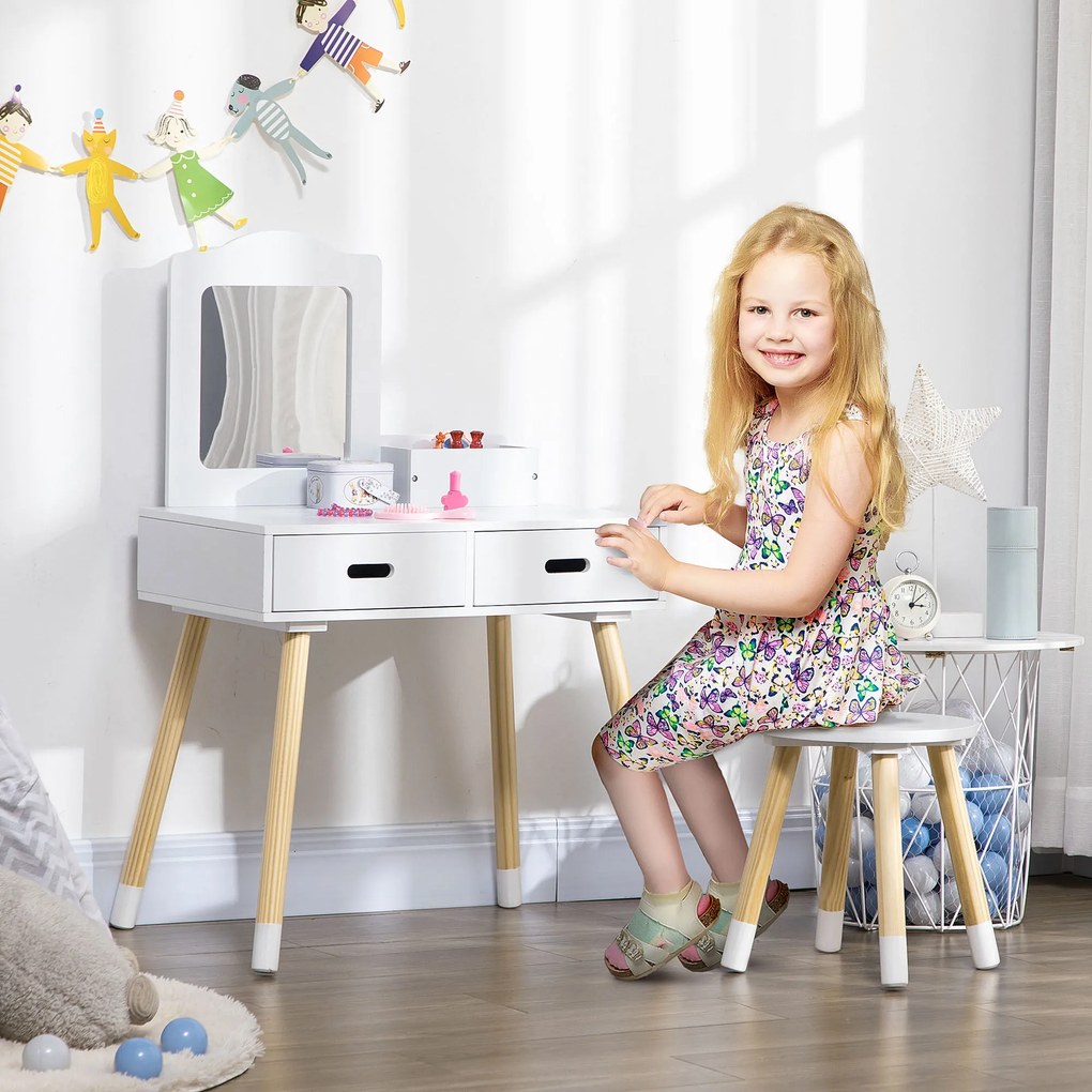 Dětský toaletní stůl ZONEKIZ s taburetem a zrcadlem, dřevěný kosmetický stolek s 2 zásuvkami, vzdělávací hračka pro dívky 3-6 let, 60x40x95 cm, bílá