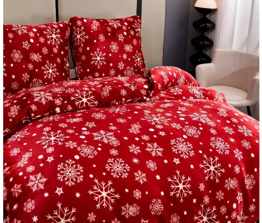 Sada mikroplyšového povlečení SNOWFALL červené + prostěradlo mikroplyš SOFT 90x200 cm bílé, jednolůžko